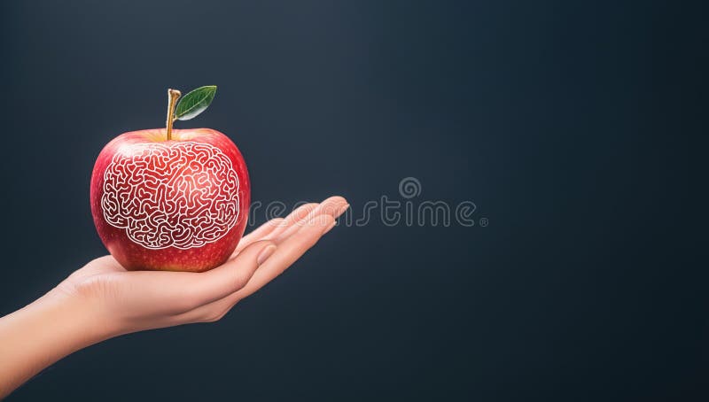 Hand Holding Red Apple with Brain Pattern on it Symbolizes Knowledge ...