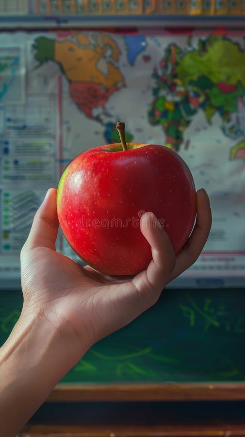 Hand Holding a Red Apple in Front of a World Map Stock Image - Image of ...