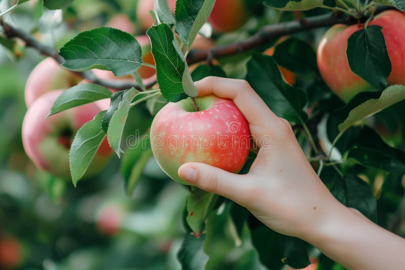 A Hand is Holding a Red Apple in a Tree Stock Illustration ...