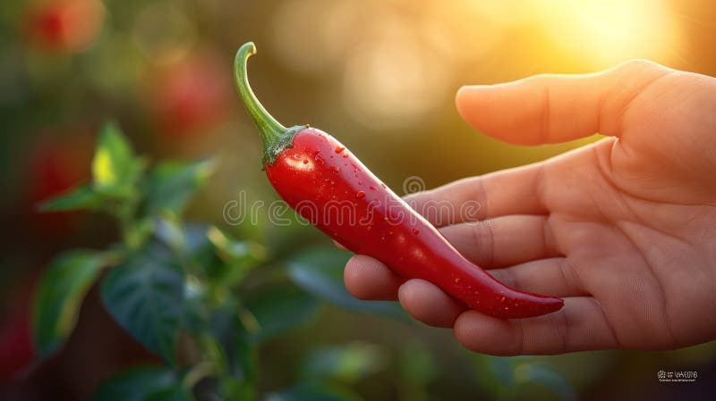 A Hand Holding a Red Chili Pepper in Front of Green Plants, AI Stock ...