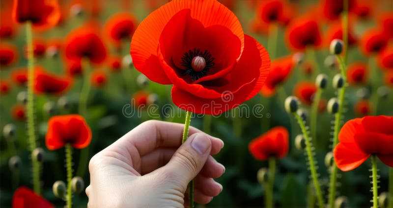Hand holding a red flower stock photo. Image of season - 359133910
