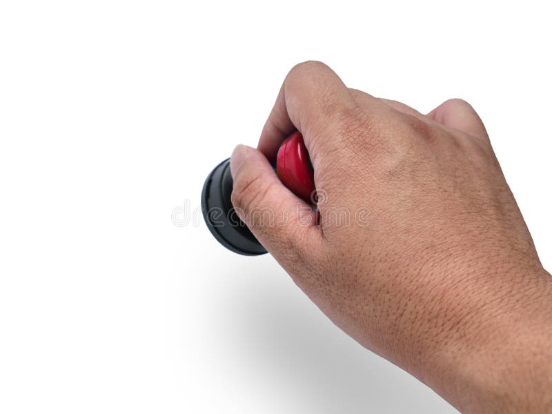 Hand Holding Red Handled Round Rubber Stamp, Top View Isolated on White ...