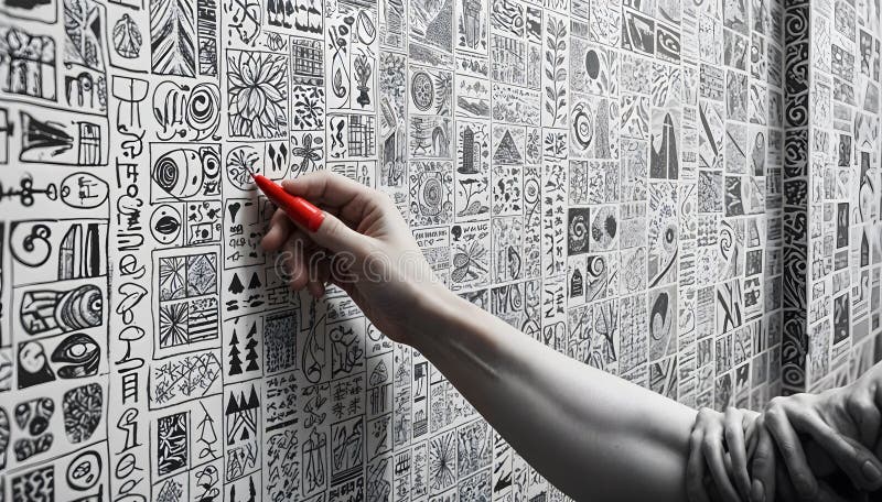 Hand Holding a Red Marker Crayon or Pen Wall Covered in Artwork and ...