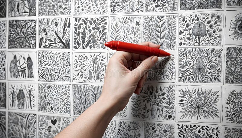 Hand Holding a Red Marker Crayon or Pen Wall Covered in Artwork and ...