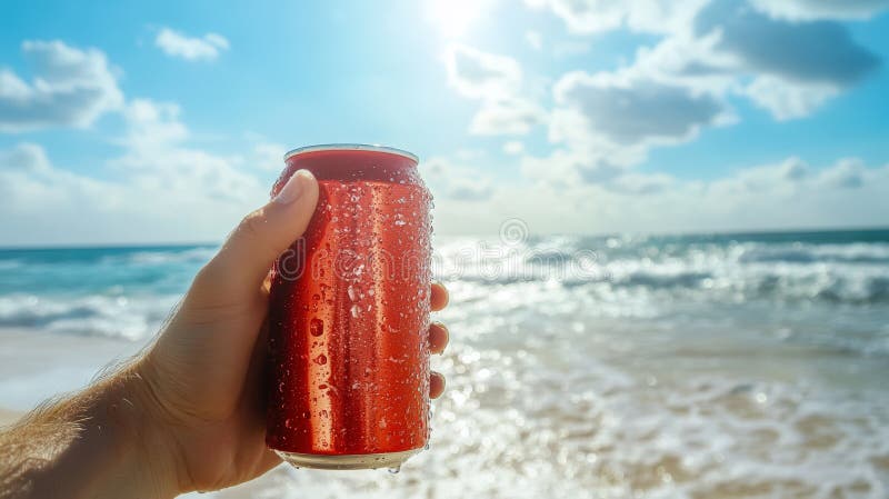 Hand Holding Red Soda Can by Sunny Ocean Beach Stock Illustration ...