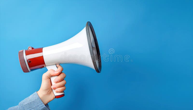 Holding Blue Megaphone Announcements Promotion Background Stock Photos ...