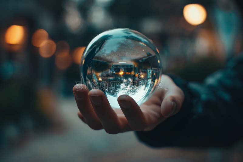 Hand Holding a Reflective Crystal Ball with a Blurred Background of ...