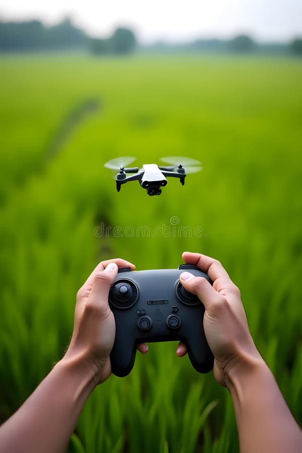 The Hand Holding the Remote Control Controls the Movement of the Drone ...