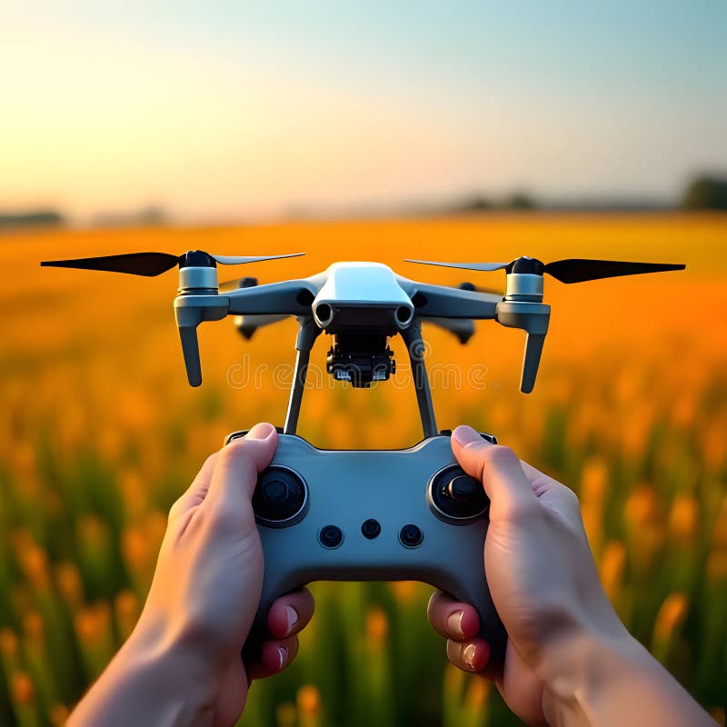 The Hand Holding the Remote Control Controls the Movement of the Drone ...