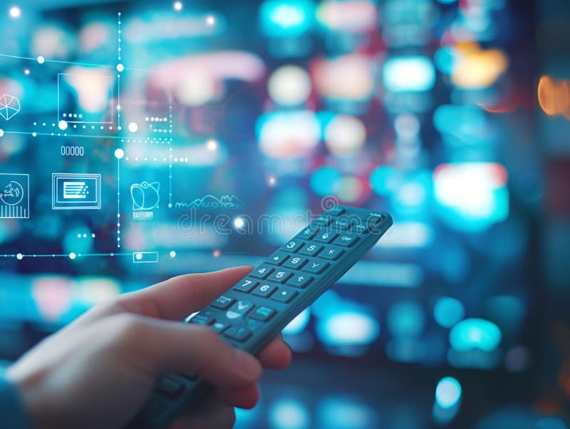 Hand Holding Remote Control with Digital Interface on Blurred ...