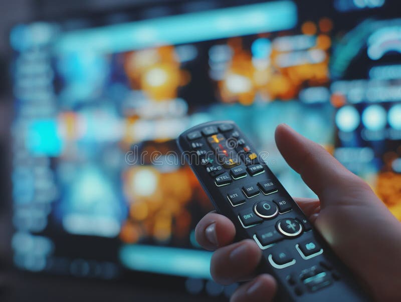 Hand Holding Remote Control in Front of Blurred TV Screen Stock ...