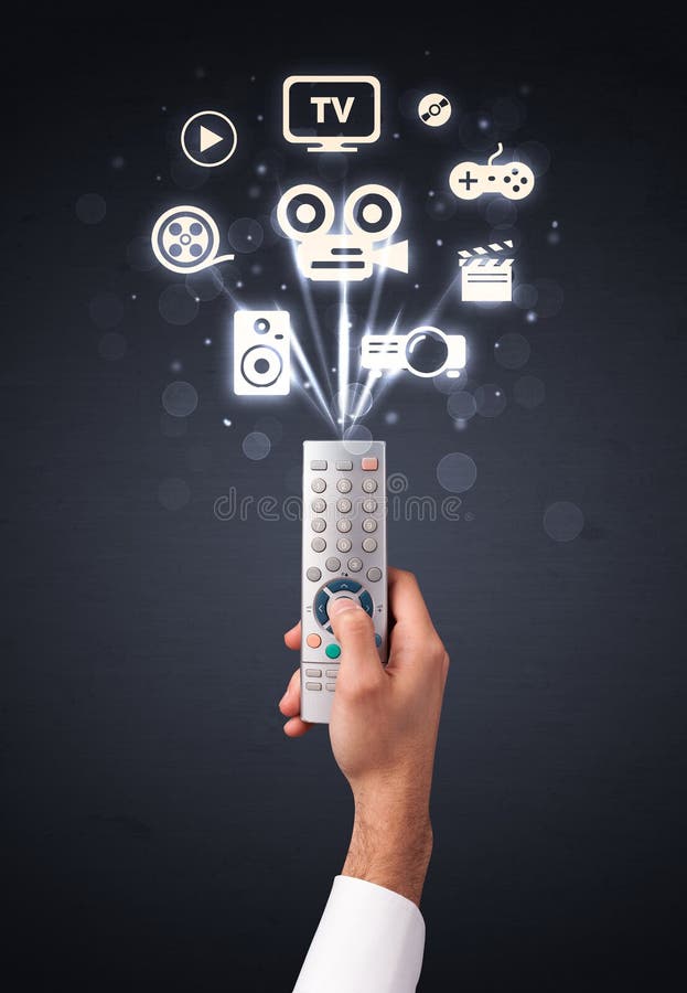 Hand with Remote Control and Media Icons Stock Image - Image of ...