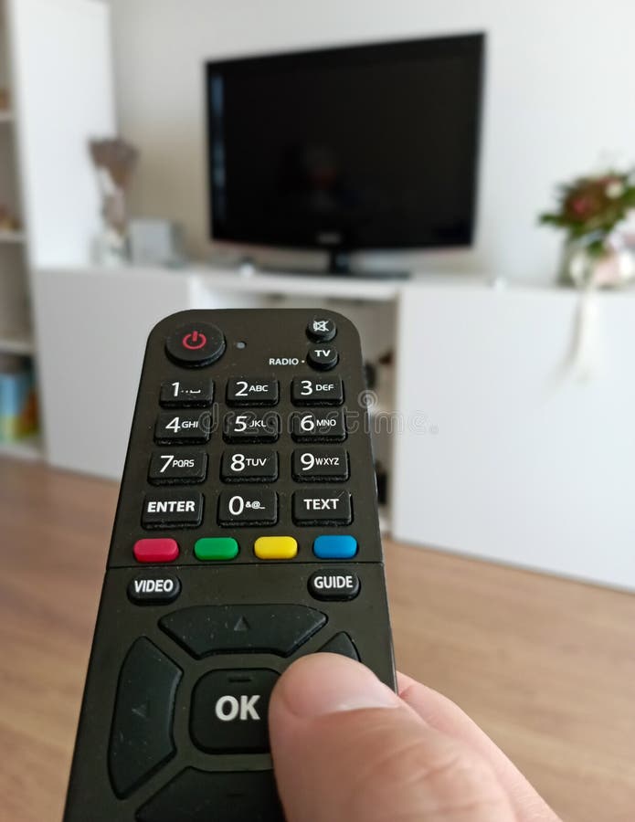 Hand Holding Remote Control Pointed Tv Screen Selective Focus Stock ...