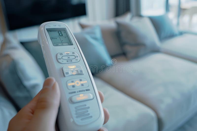 Person Holding Air Conditioner Remote Control Setting Temperature from ...