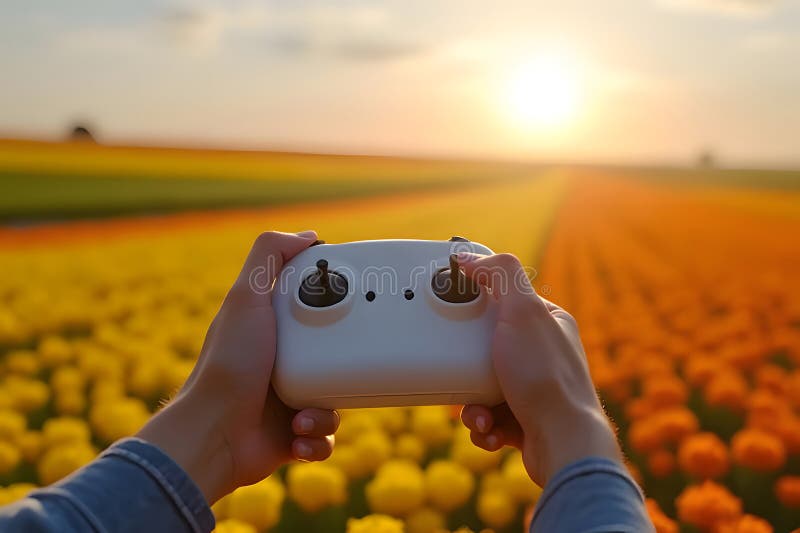 The Hand Holding the Remote Controls the Movement of the Drone in the ...