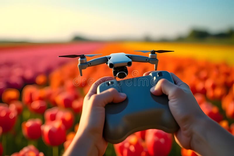 The Hand Holding the Remote Controls the Movement of the Drone in the ...