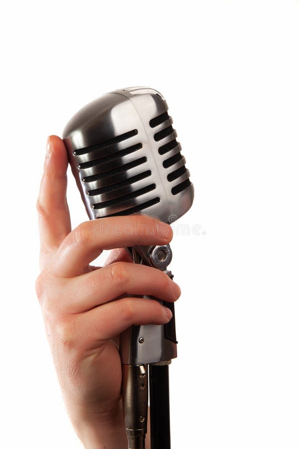 Hand Holding a Retro Microphone, Isolated on White Stock Photo - Image ...
