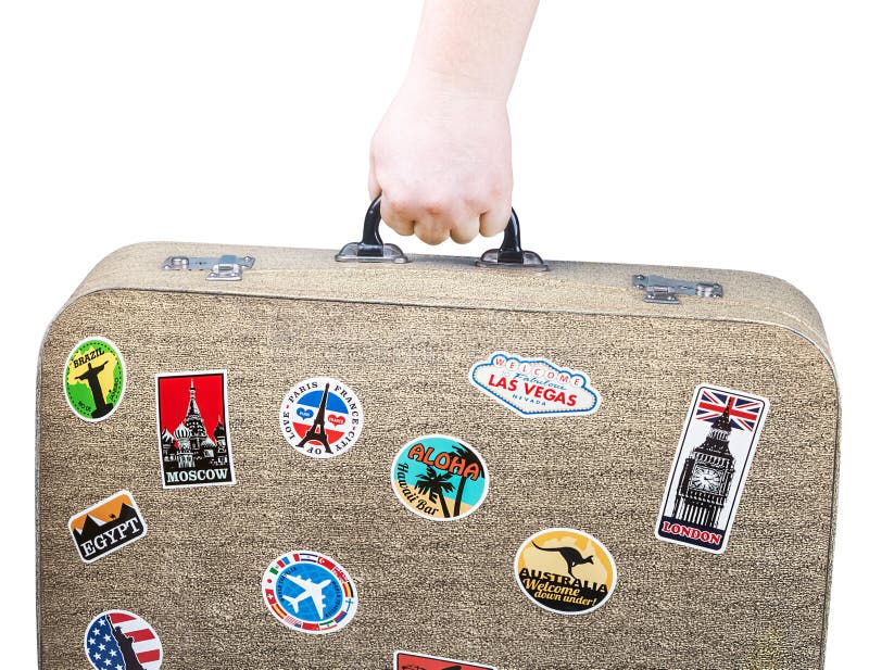 Retro Suitcase with Stickers on the Floor Stock Photo - Image of ...