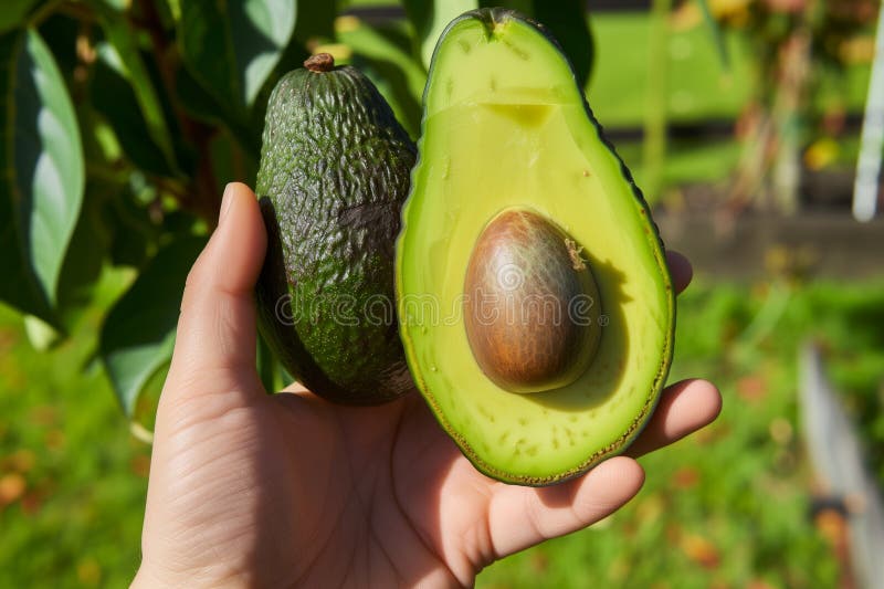 Hand Holding a Ripe Avocado with Pit Showing Stock Image - Image of ...