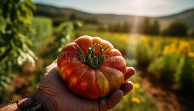 Hand Holding Ripe Tomato in Organic Vegetable Garden Generated by AI ...
