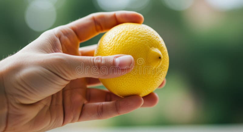 Hand Holding a Ripe Yellow Lemon Against a Green Background Stock ...