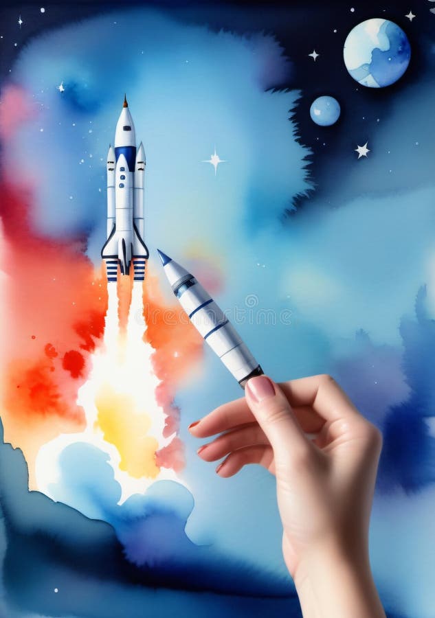 Hand Holding a Rocket with a Rocket in the Sky. Generative AI Stock ...