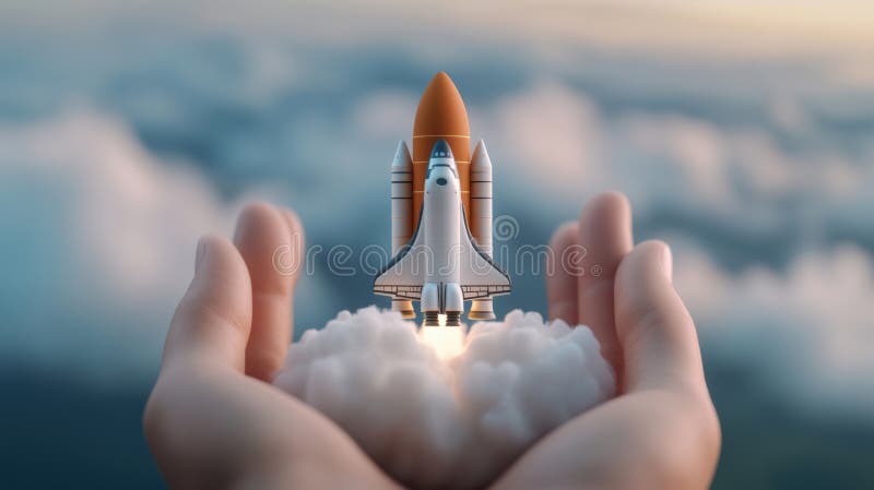 A Hand Holding a Rocket Ship in the Clouds with Smoke Coming Out of it ...
