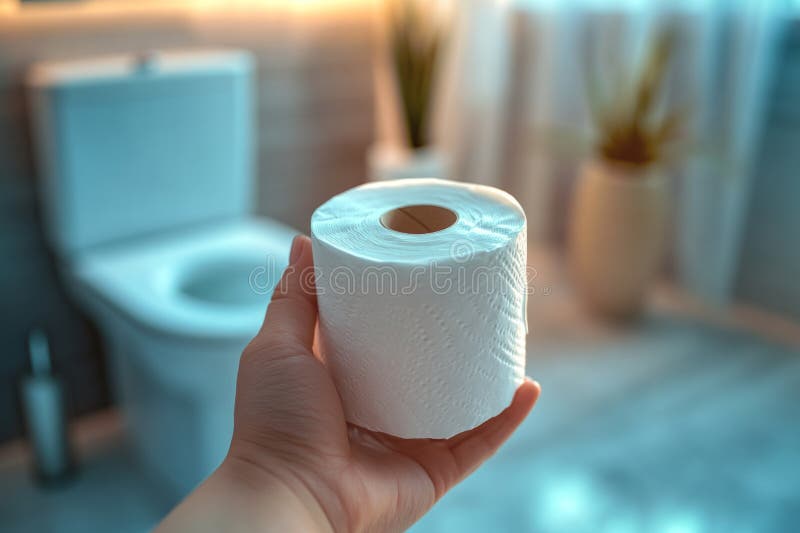 Hand Holding a Roll of Toilet Paper in a Modern Bathroom Stock Photo ...