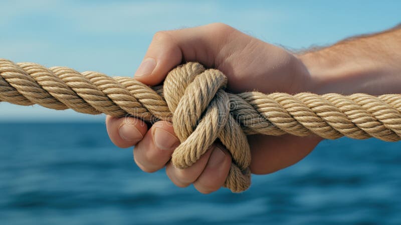 A Hand Holding a Rope with the Ocean in View, AI Stock Image - Image of ...