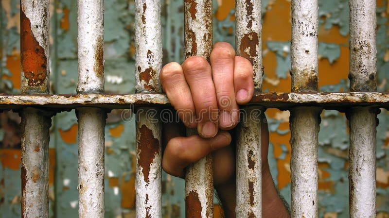 Hand Holding Rusty Prison Bars Symbolizing Confinement Emotion Stock ...