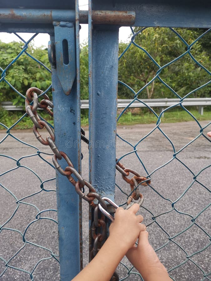 Hand Holding a Rusty Steel Padlock and Chains on a Blue Gate Stock ...