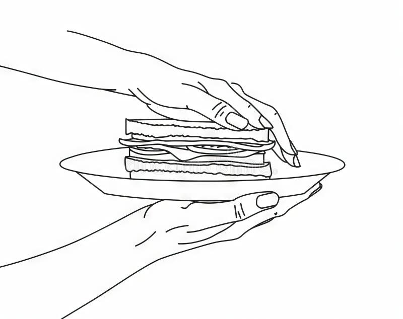 The Hand Holding a Sandwich on a Plate is Drawn Continuously As an ...