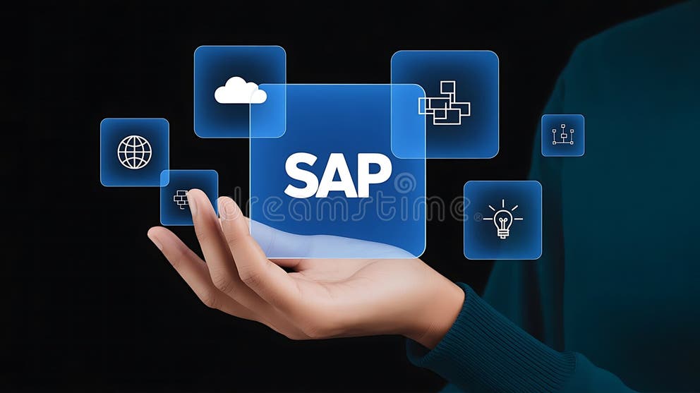 Hand Holding Sap Technology Icon with Cloud Computing and Global ...