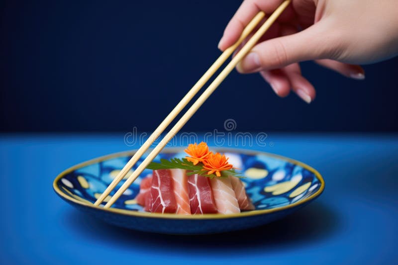 Hand Holding Sashimi Piece with Chopsticks Against Blue Plate Stock ...