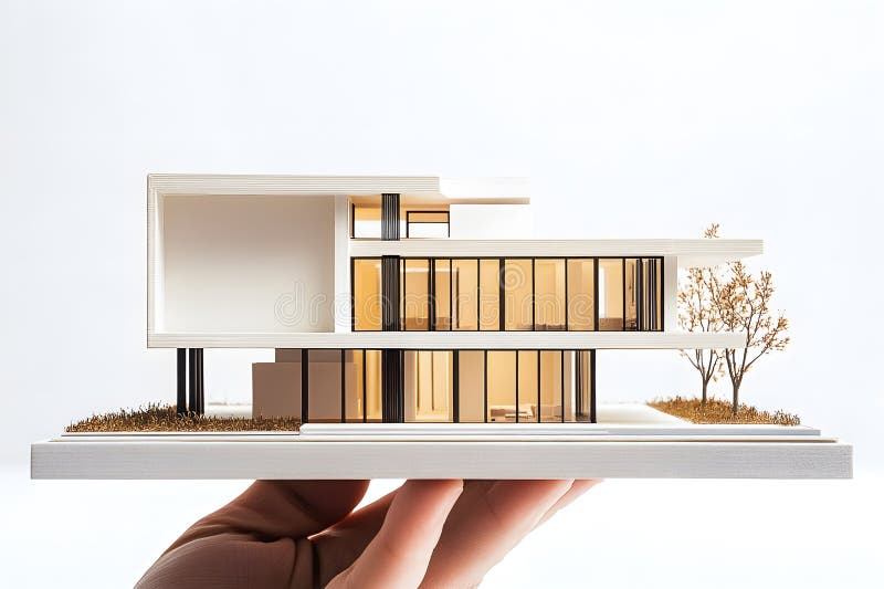 Hand Holding a Scale Model of a Modern Home with Large Windows and a ...