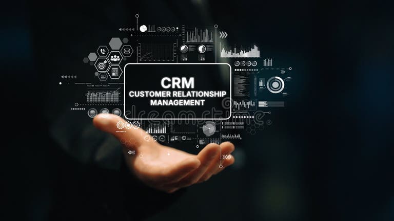Hand Holding Screen with CRM Customer Relationship Management Graphics ...