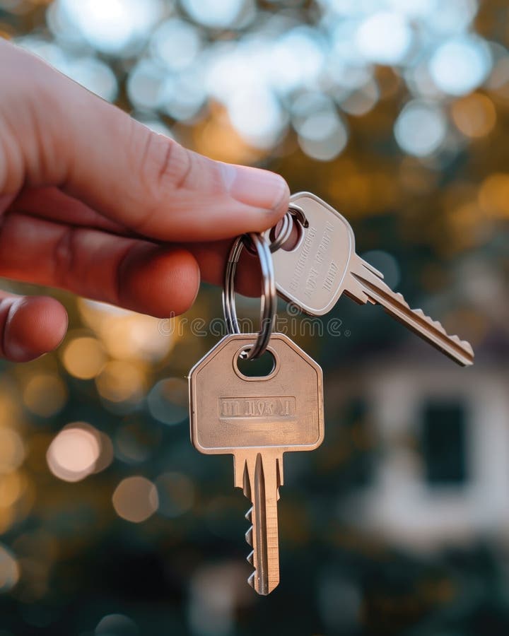 Hand Holding a Set of House Keys with a Blurred Background of Greenery ...