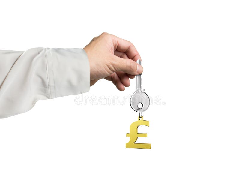 Hand Holding Silver Key Golden Pound Symbol Shape Keyring Stock Photos ...