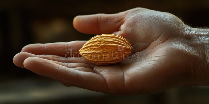 Hand Holding Single Almond Nut Showcasing Texture and Natural Color ...