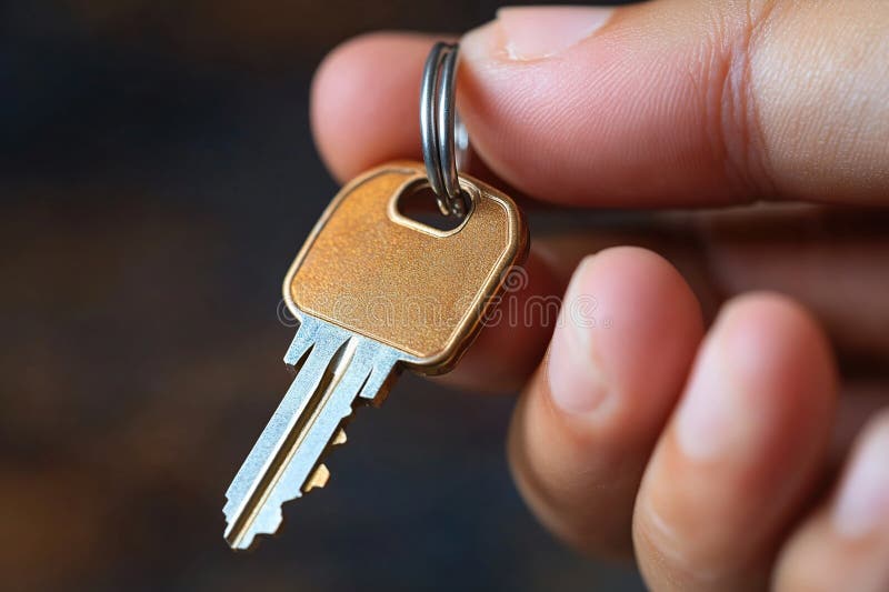 A Hand Holding a Single Golden Key with a Silver Key Ring Stock ...