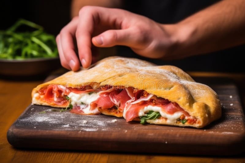 Hand Holding a Slice of Calzone Over a Pizza Stone Stock Illustration ...