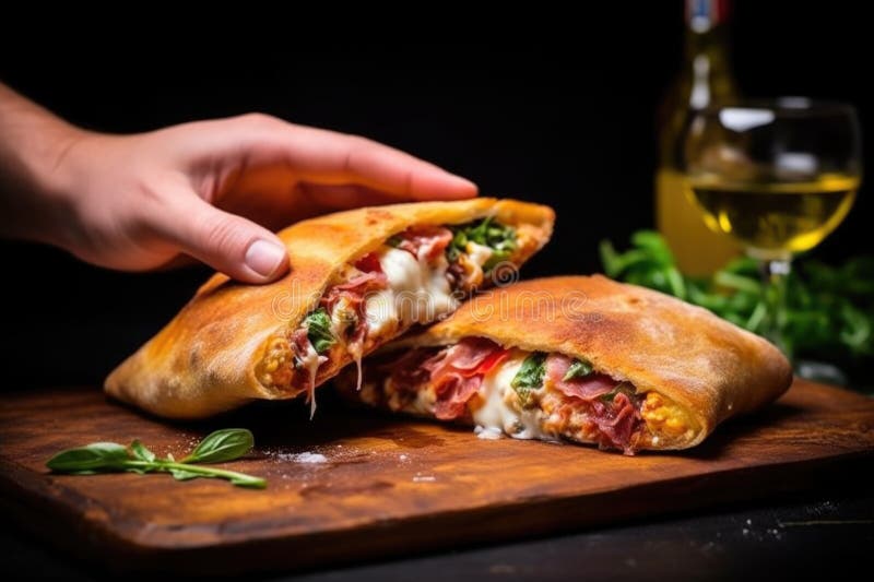 Hand Holding a Slice of Calzone Over a Pizza Stone Stock Image - Image ...