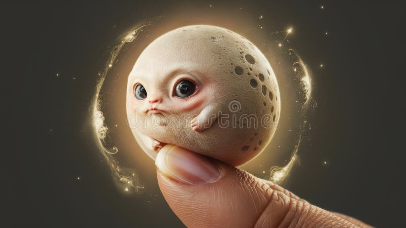A Hand Holding a Small Baby Moon with Eyes and Mouth, AI Stock ...