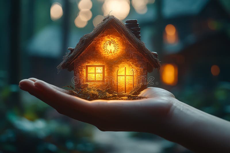Hand is Holding a Small House with a Light Inside Stock Photo - Image ...