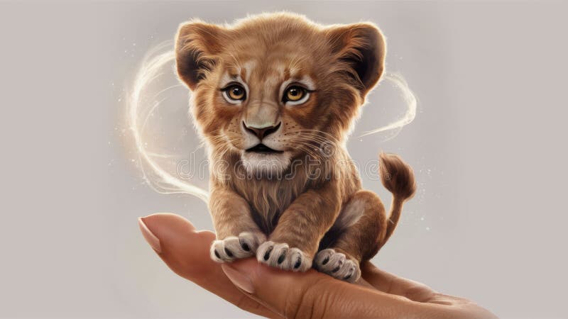 A Hand Holding a Small Lion Cub with Glowing Eyes, AI Stock Image ...