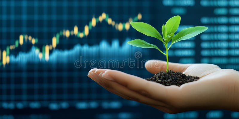 Hand Holding Small Plant Sprout with Rising Stock Market Graph and ...