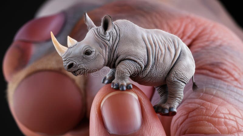A Hand Holding a Small Rhino on the Finger of Another, AI Stock Image ...