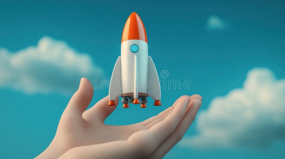 A Hand Holding a Small Rocket Ship in the Air, AI Stock Illustration ...