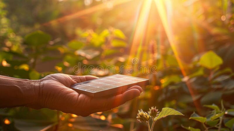 A Hand Holding a Small Solar Panel with the Suns Rays Shining Down on ...