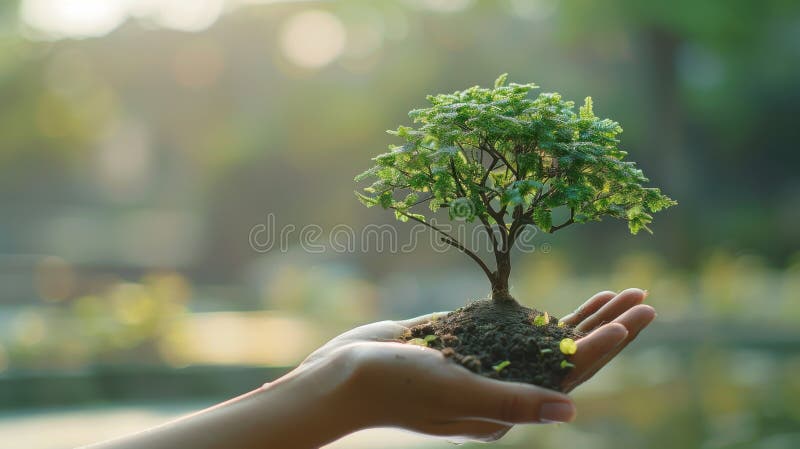A Hand Holding a Small Tree in a Forest. Saving and Growth Concept ...